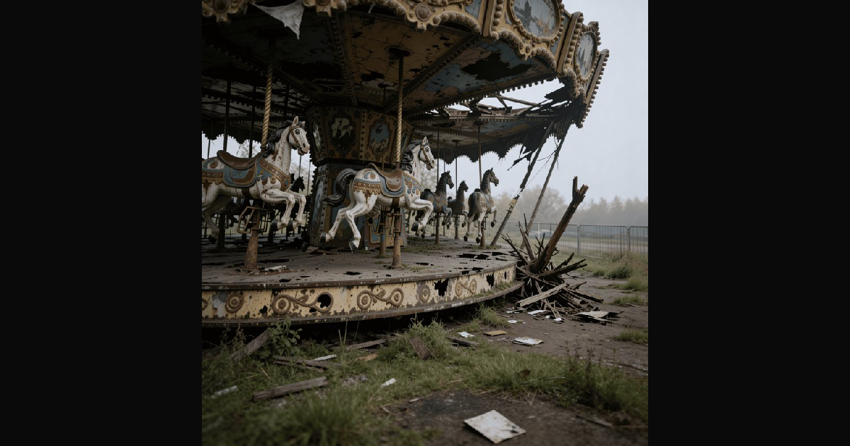 A dilapidated carousel sits in an overgrown, desol | cocoayoc on ...
