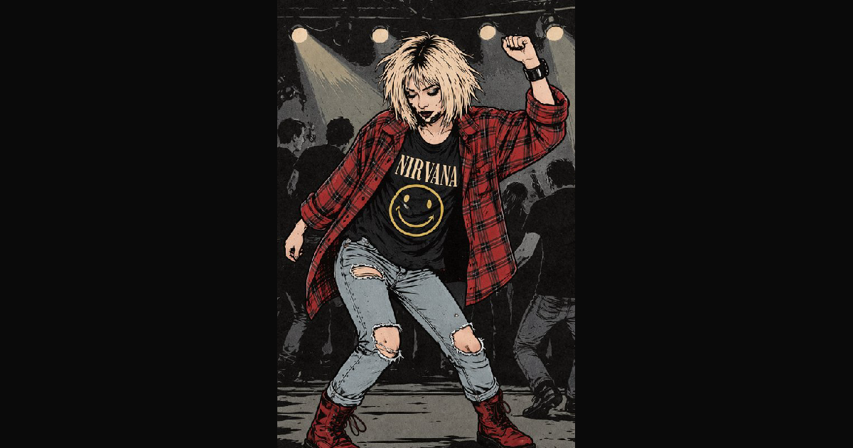 Vibrant illustration of a female rocker dancing on | DavidP on ...