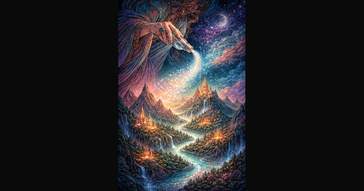 A vibrant fantasy illustration shows a hand tiltin | Sealine on ...