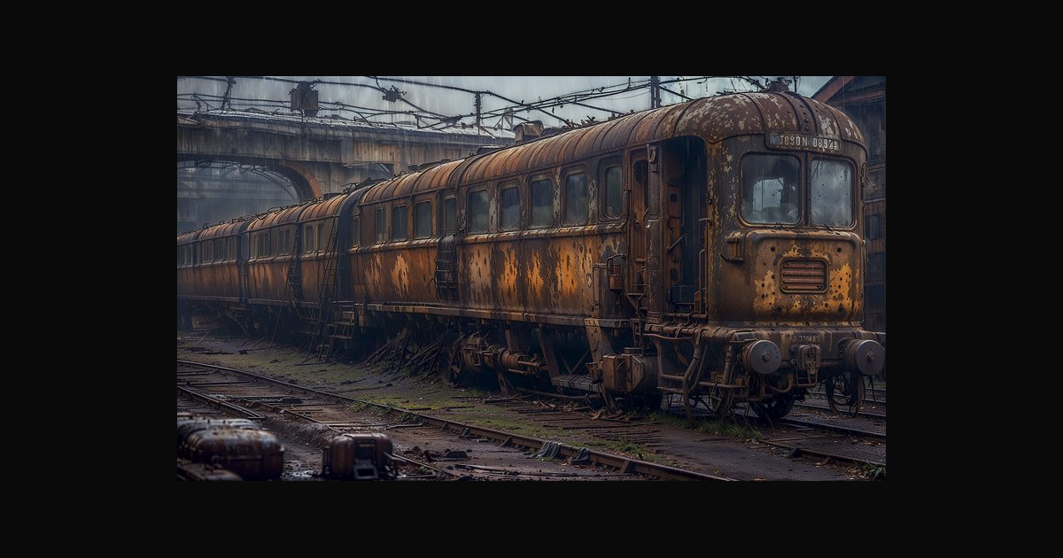 A moody scene of rusted, derelict train cars sitti | antares on ...